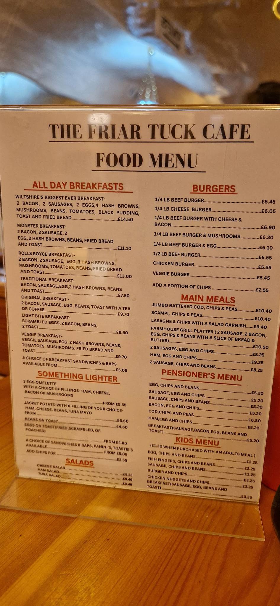 Menu at The Friar Tuck Cafe, Amesbury