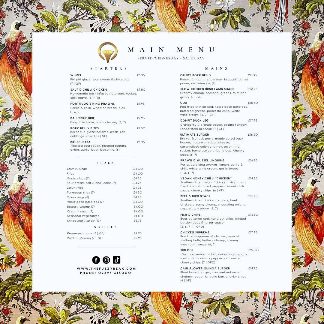 Menu at The Fuzzy Beak restaurant, Whitehead