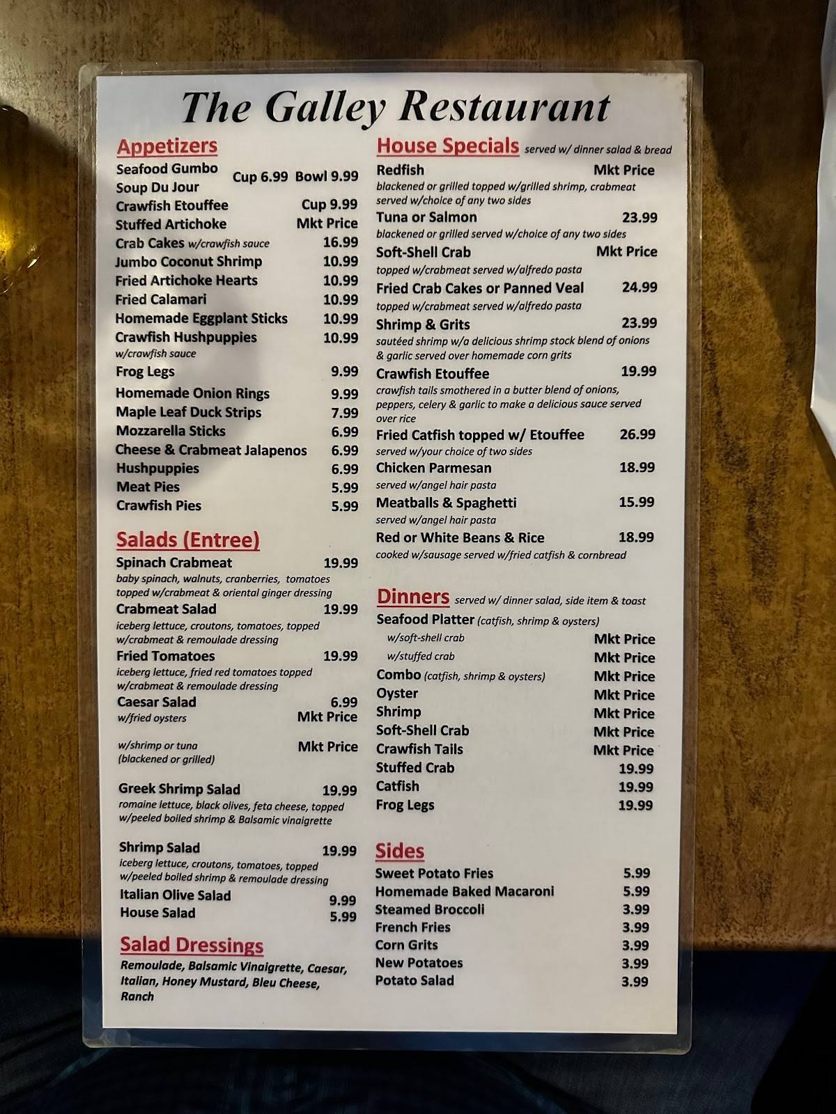Menu at The Galley Seafood restaurant, Metairie, Metairie Rd