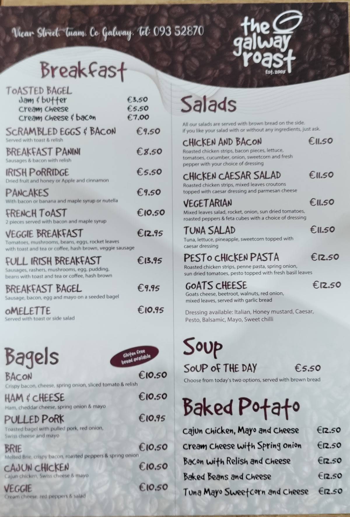 Menu at Curly Cup Cafe, Tuam