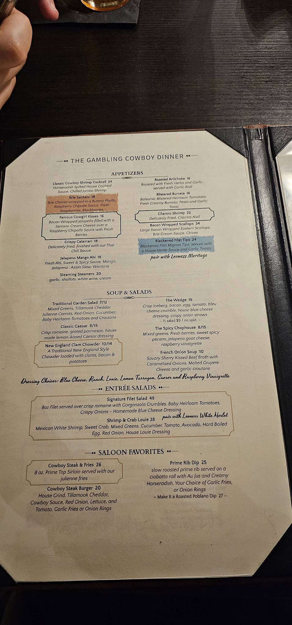 Menu at The Gambling Cowboy steakhouse, Temecula