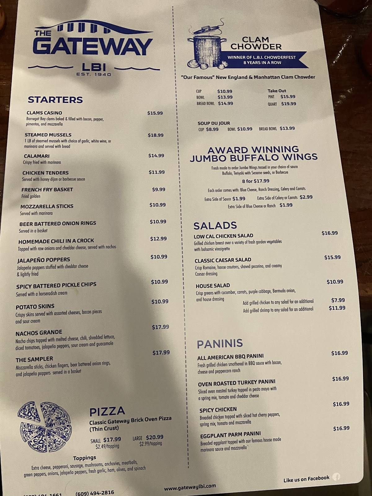 Menu at The Gateway Bar, Restaurant and Liquor Store, Ship Bottom
