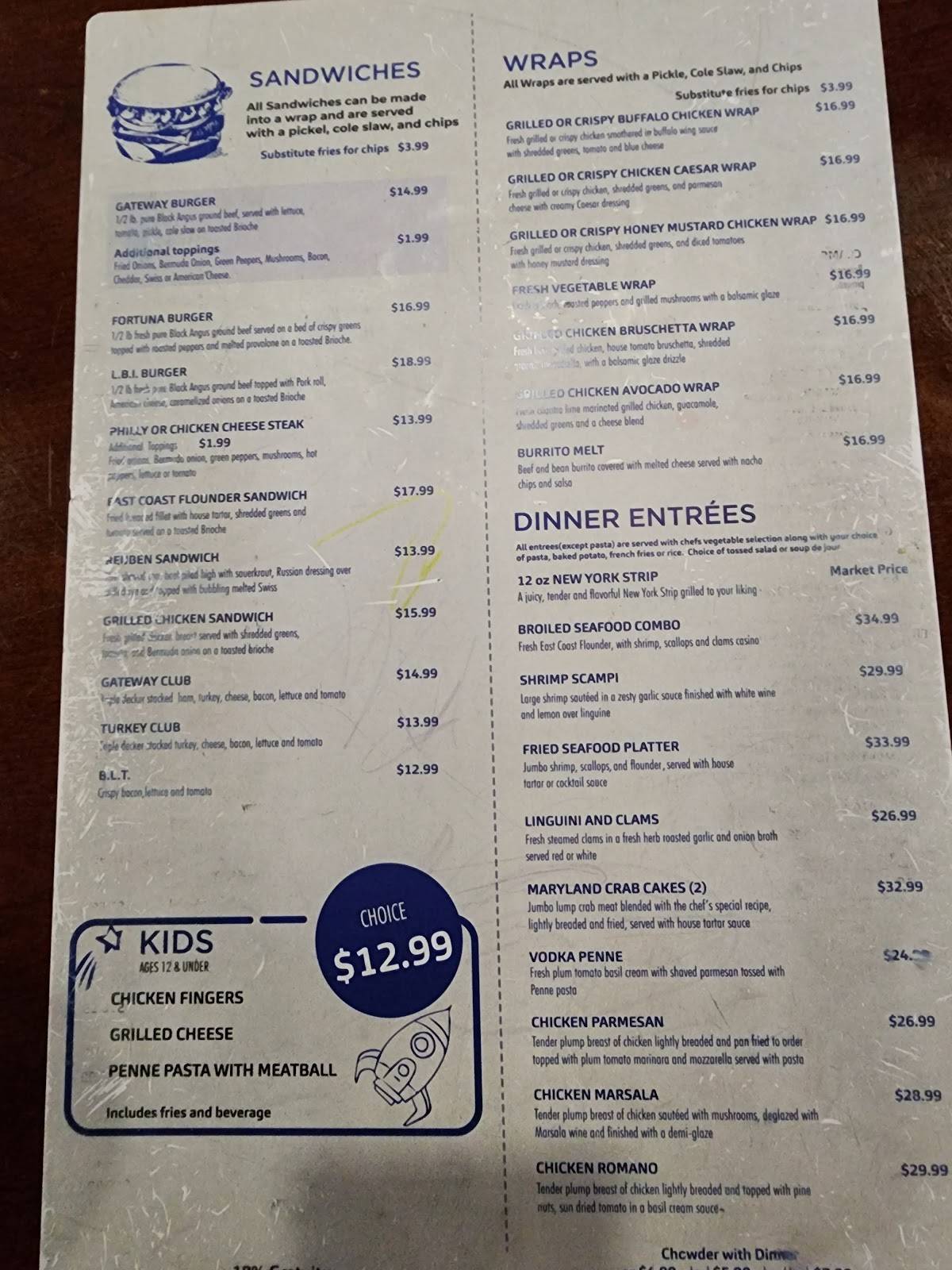 Menu at The Gateway Bar, Restaurant and Liquor Store, Ship Bottom