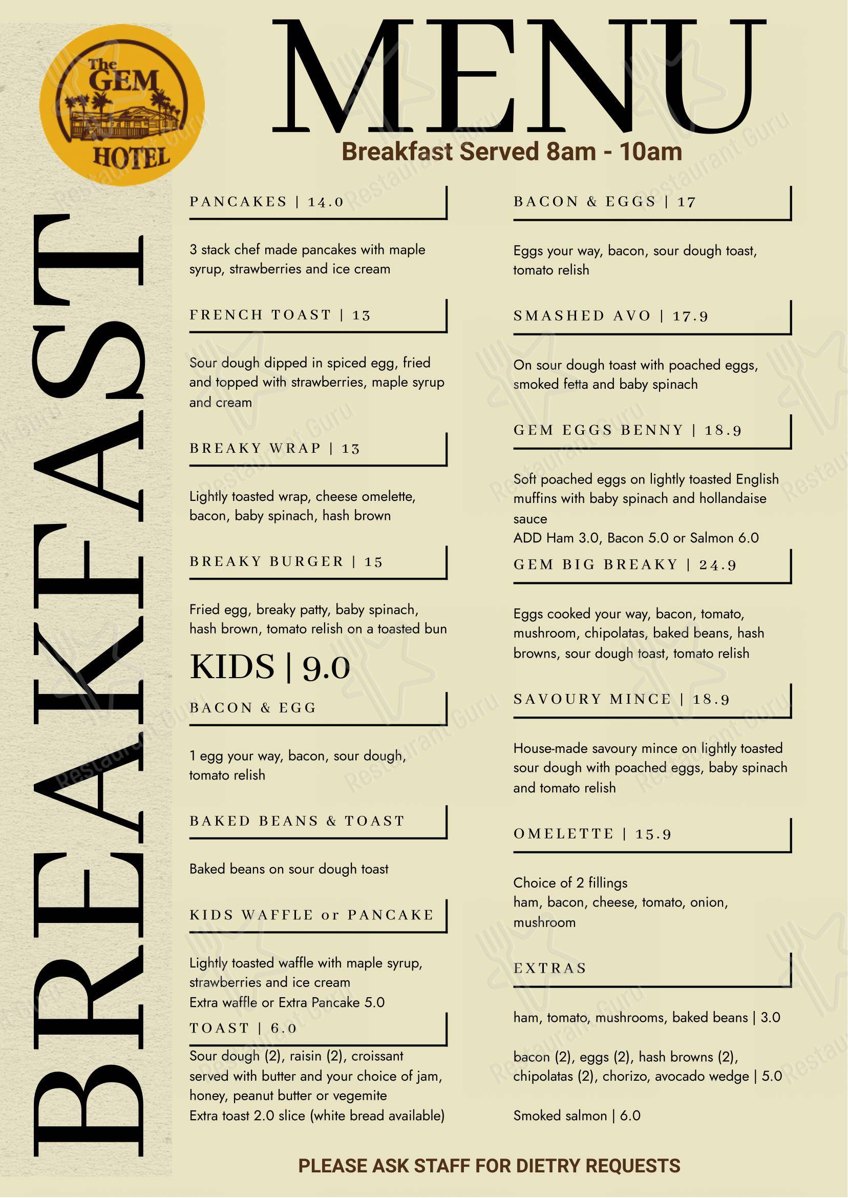Menu at The Gem Hotel pub & bar, Gold Coast