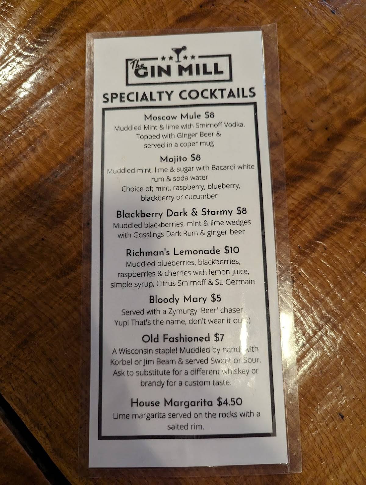 Menu at The Gin Mill pub & bar, Menomonie