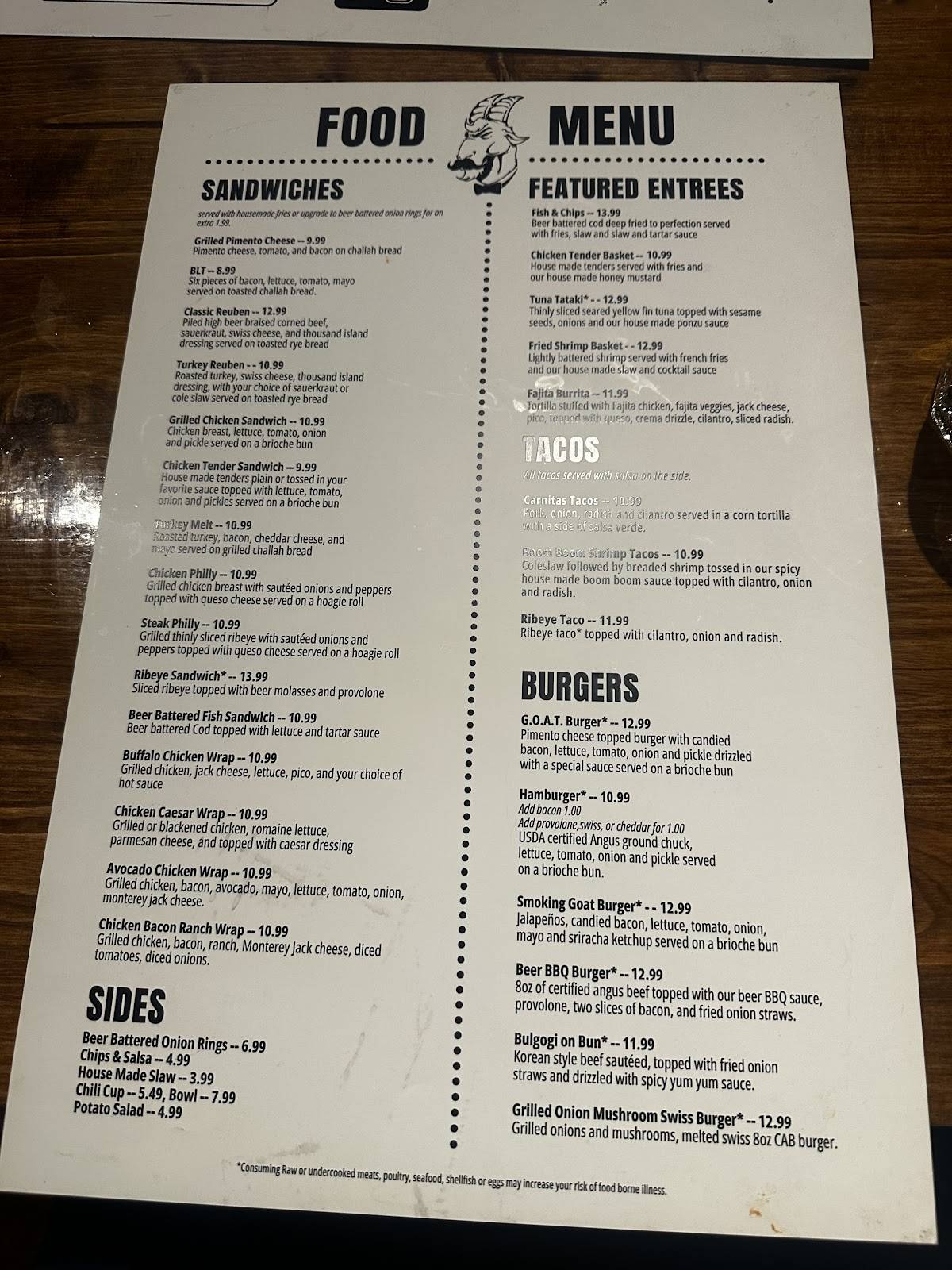 Menu at The Goat Bar & Grill at the forest, Myrtle Beach