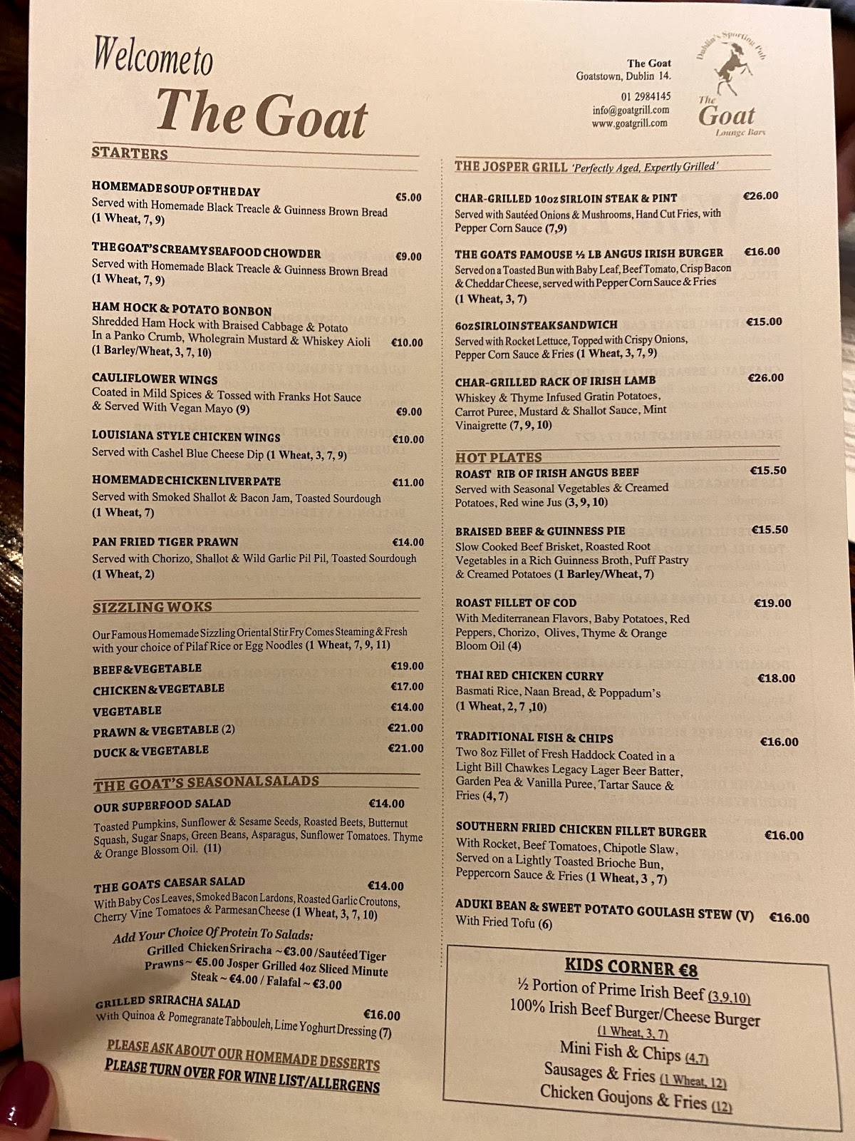Menu at The Goat Bar & Grill, Dublin, 14 Lower Kilmacud Rd