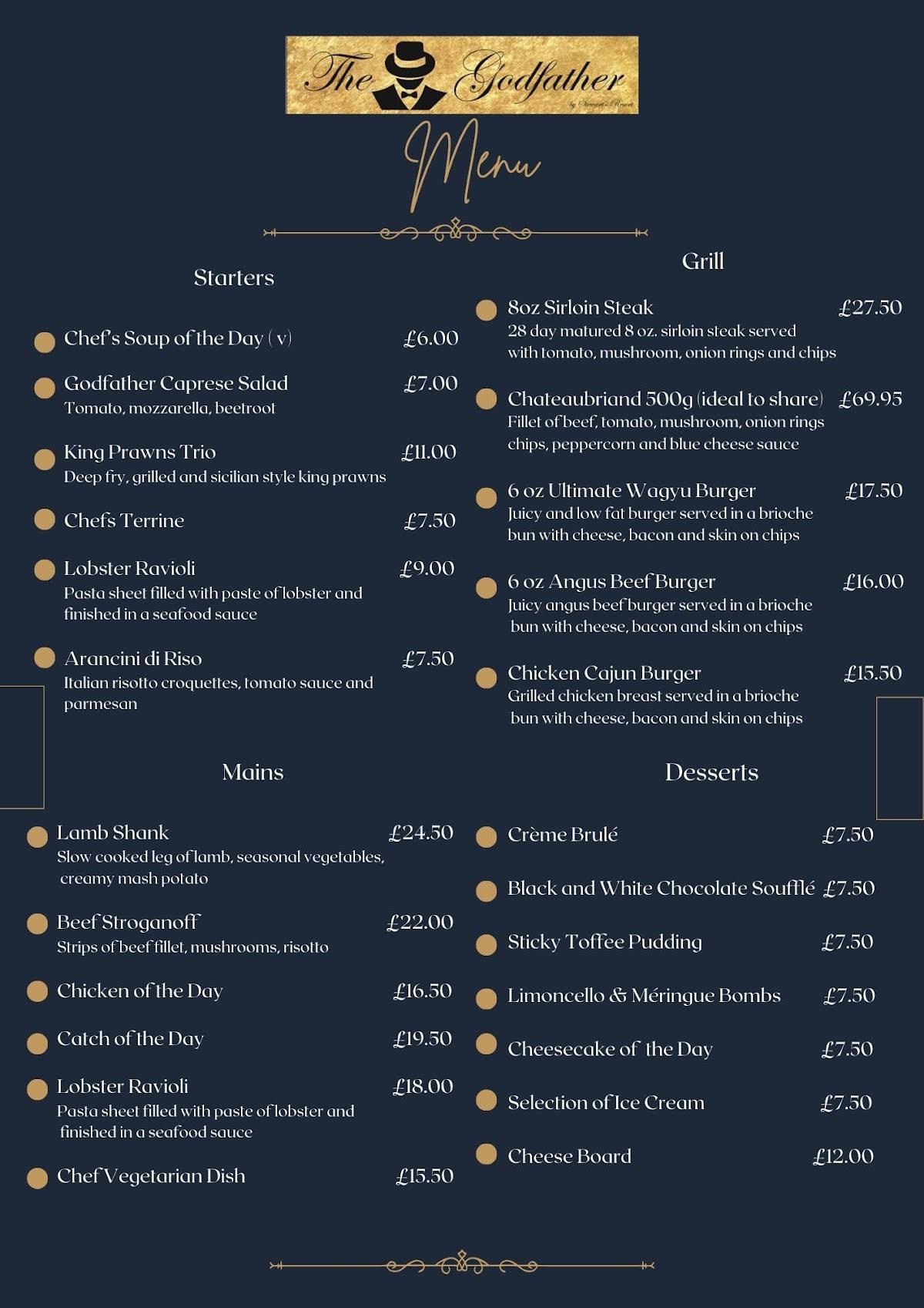 Menu at The Godfather Restaurant, Saint Andrews
