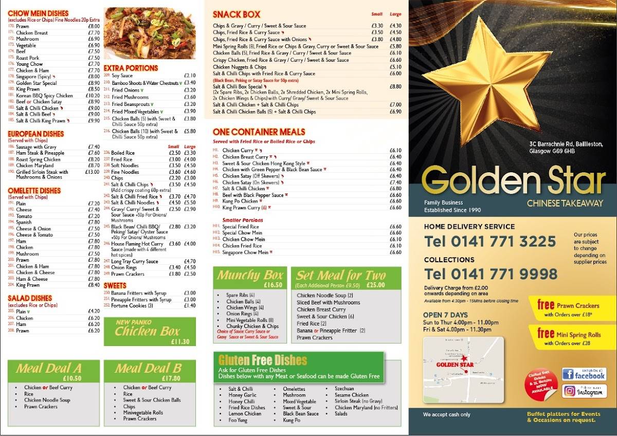 Menu at The Golden Star fast food, Glasgow, 3C Barrachnie Rd