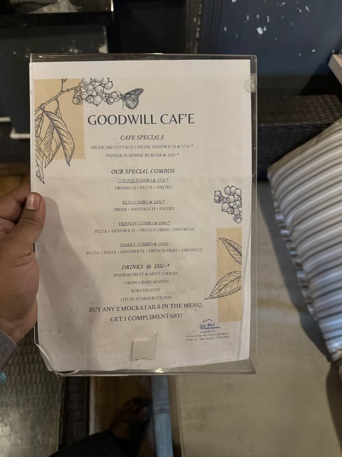 Menu at The Goodwill cafe, Puttaparthi
