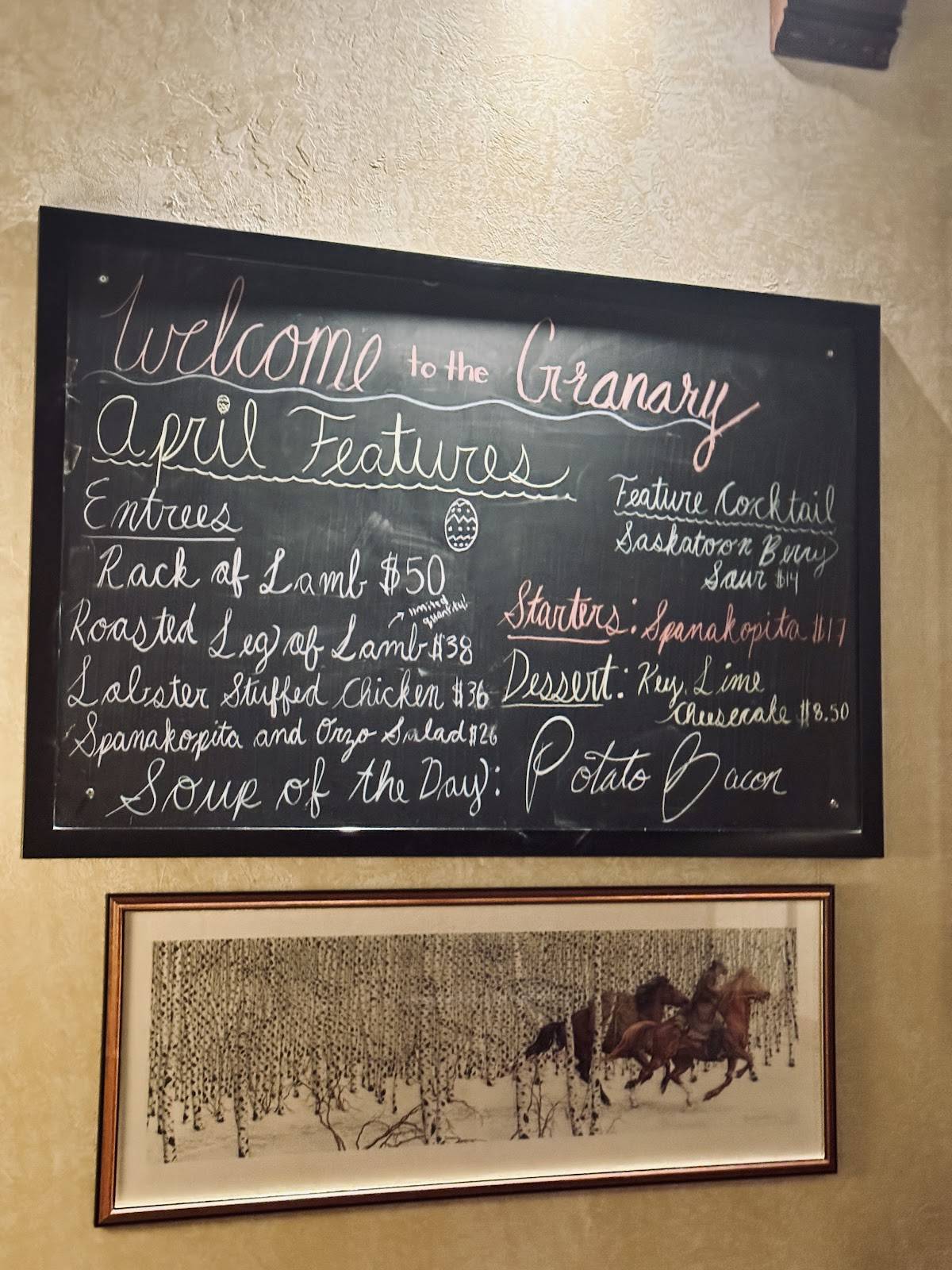 Menu at The Granary steakhouse, Saskatoon