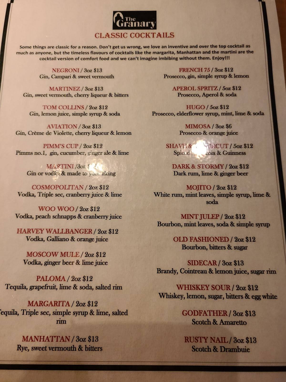 Menu at The Granary steakhouse, Saskatoon