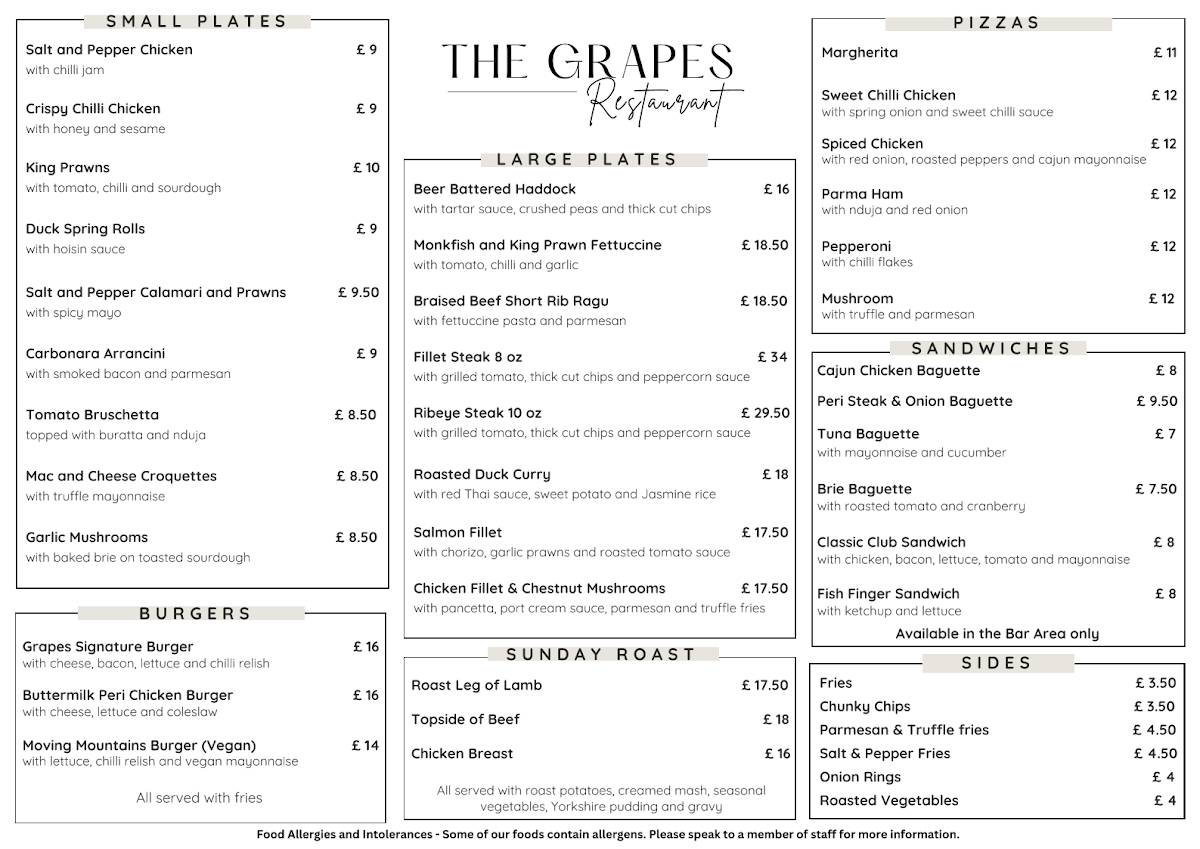 Menu at The Grapes, Gee Cross pub & bar, Hyde