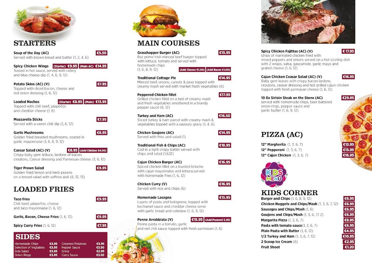 Menu at The Grasshopper Inn pub & bar, Ireland