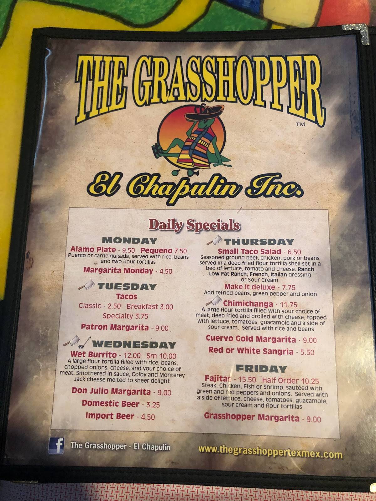 Menu at The Grasshopper Mexican Restaurant & Bar, Sarasota