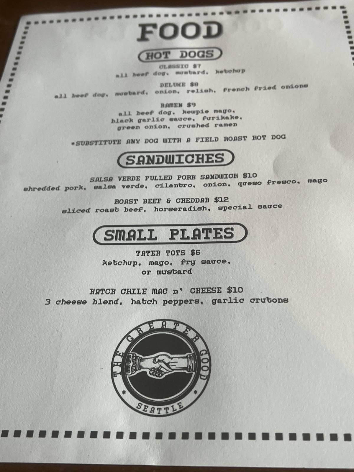 Menu at The Greater Good pub & bar, Seattle