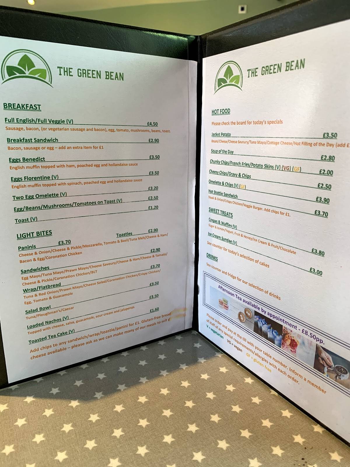 Menu at The Green Bean cafe, Sunderland