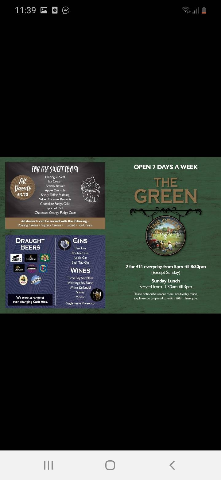 Menu at The Green Billy Row restaurant, Crook, 7 Billy Row Grn