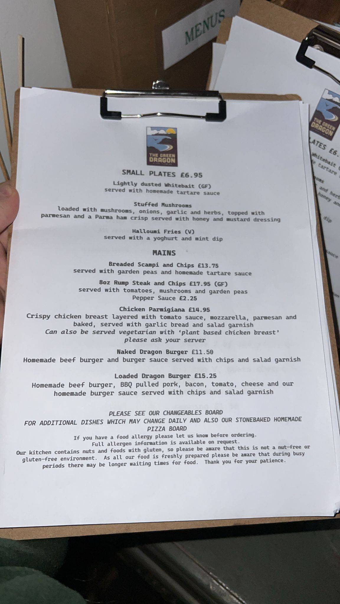 Menu at The Green Dragon pub & bar, Stoke Fleming