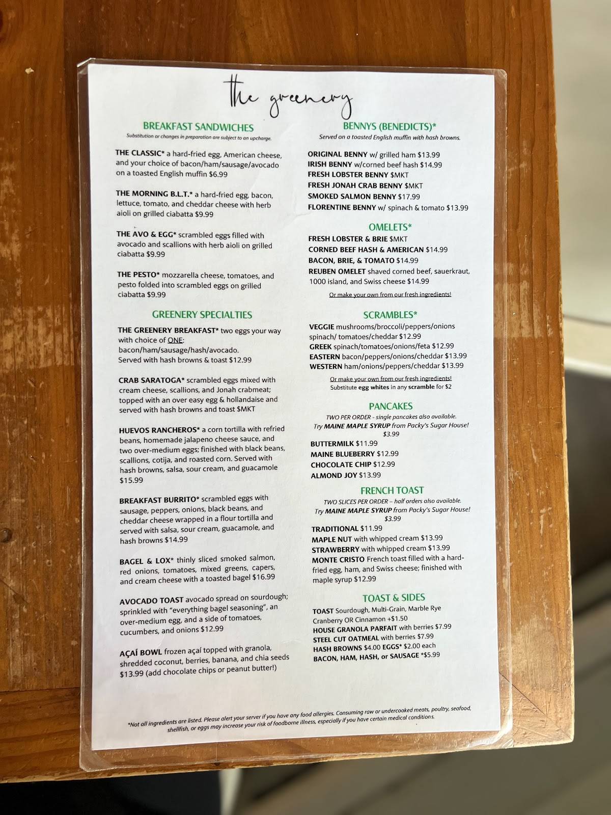 Menu at The Greenery Cafe, Ogunquit