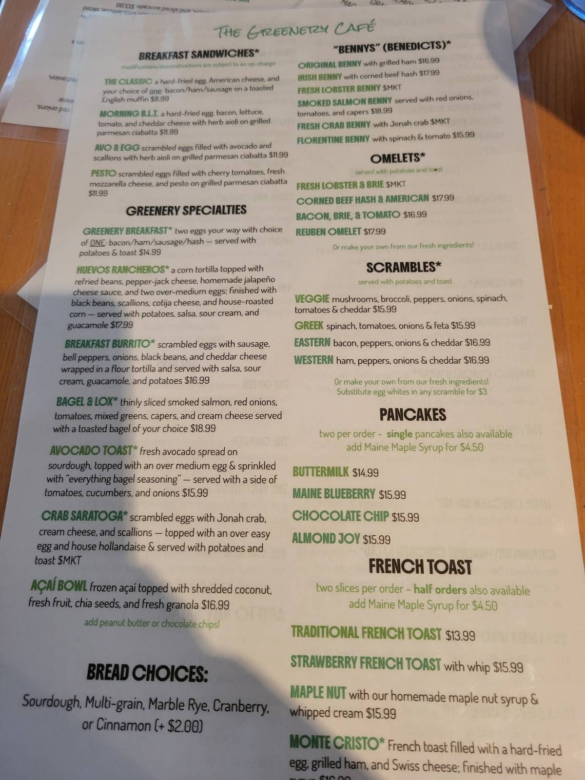 Menu at The Greenery Cafe, Ogunquit