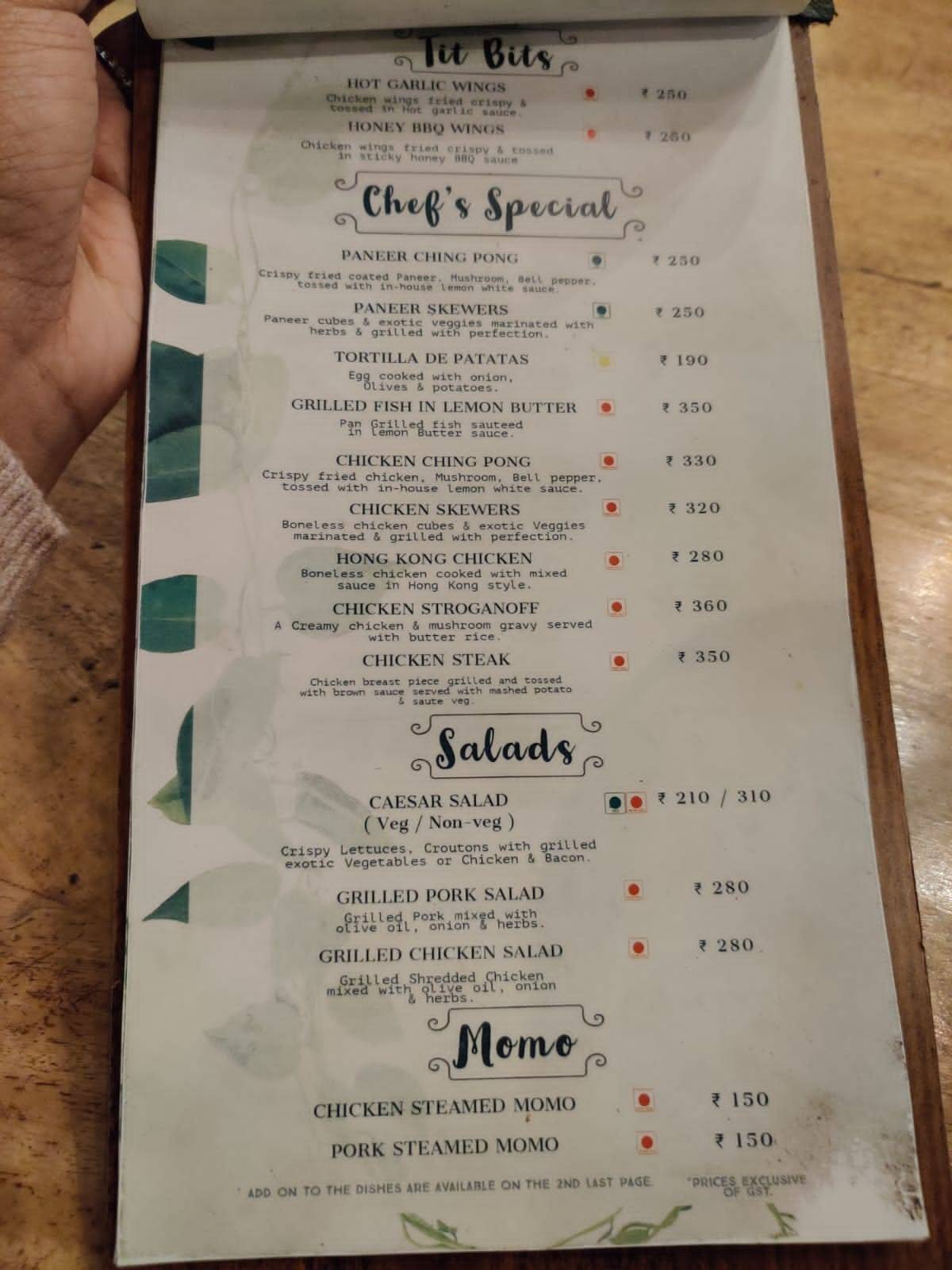 Menu at The Greenhouse Cafe, Guwahati