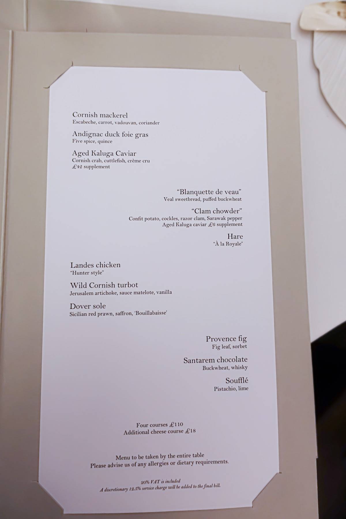 Menu at The Greenhouse restaurant, London, 27A Hay's Mews
