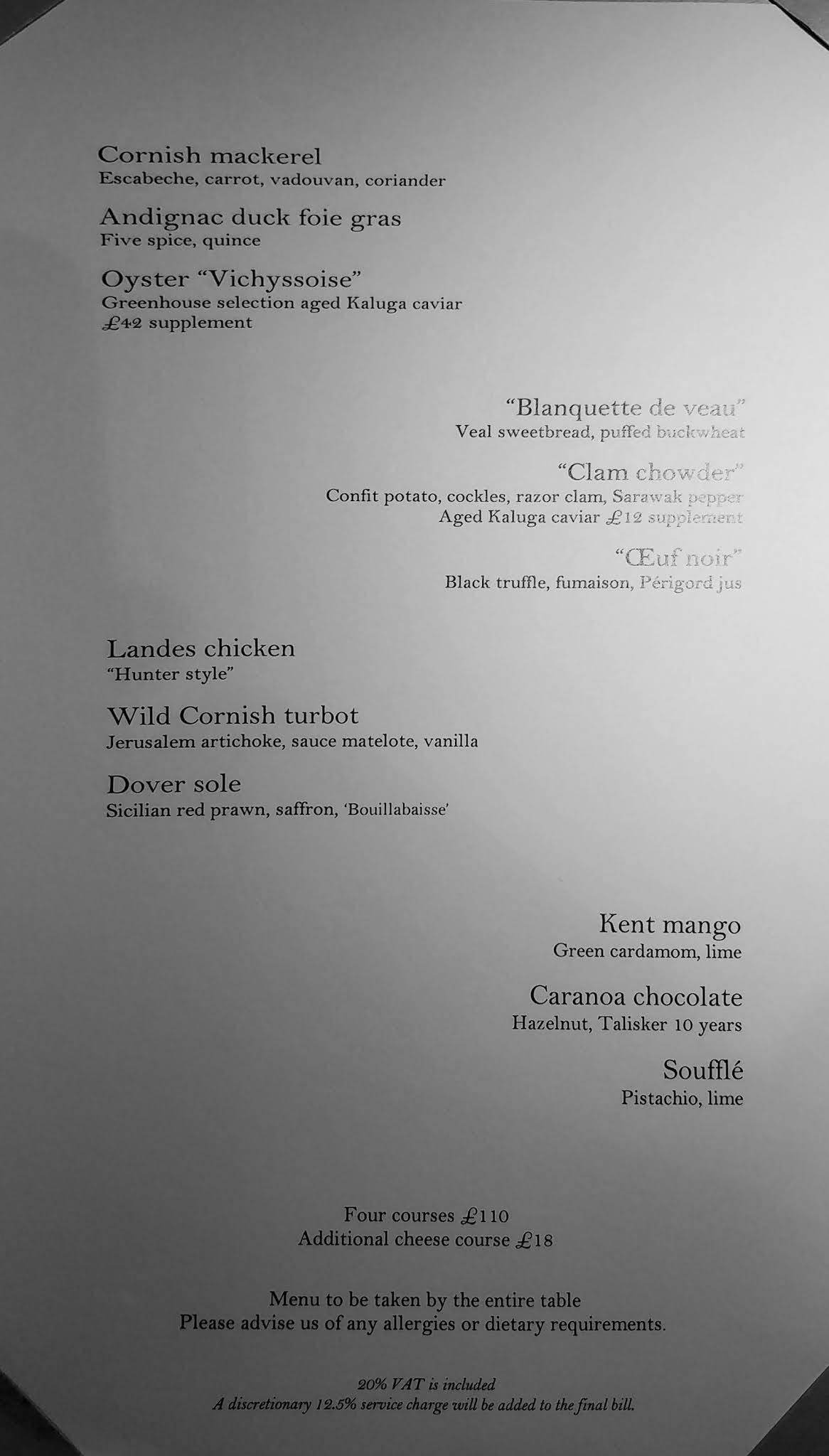 Menu at The Greenhouse restaurant, London, 27A Hay's Mews