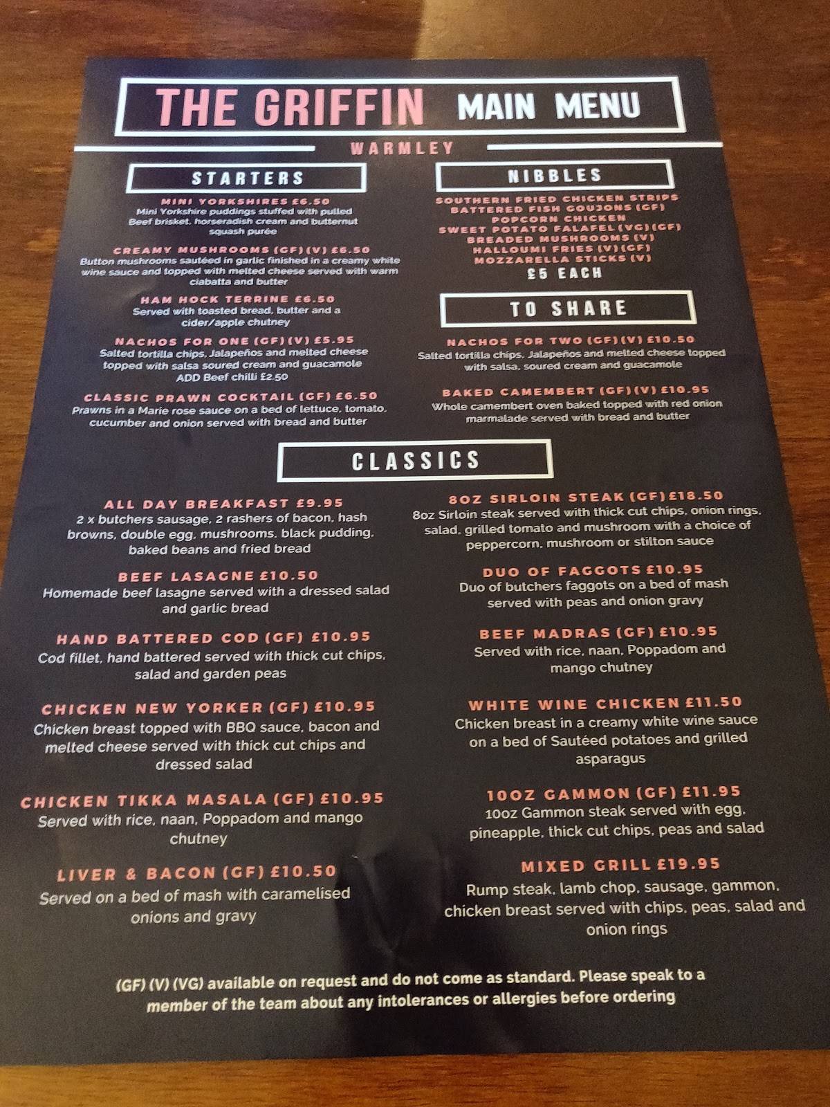 Menu at The Griffin pub & bar, Bristol, 107 London Rd