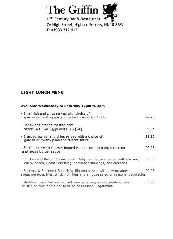 Menu at The Griffin Inn pub & bar, Rushden