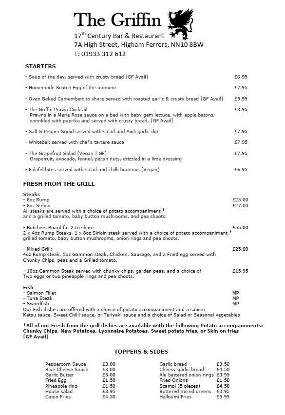 Menu at The Griffin Inn pub & bar, Rushden