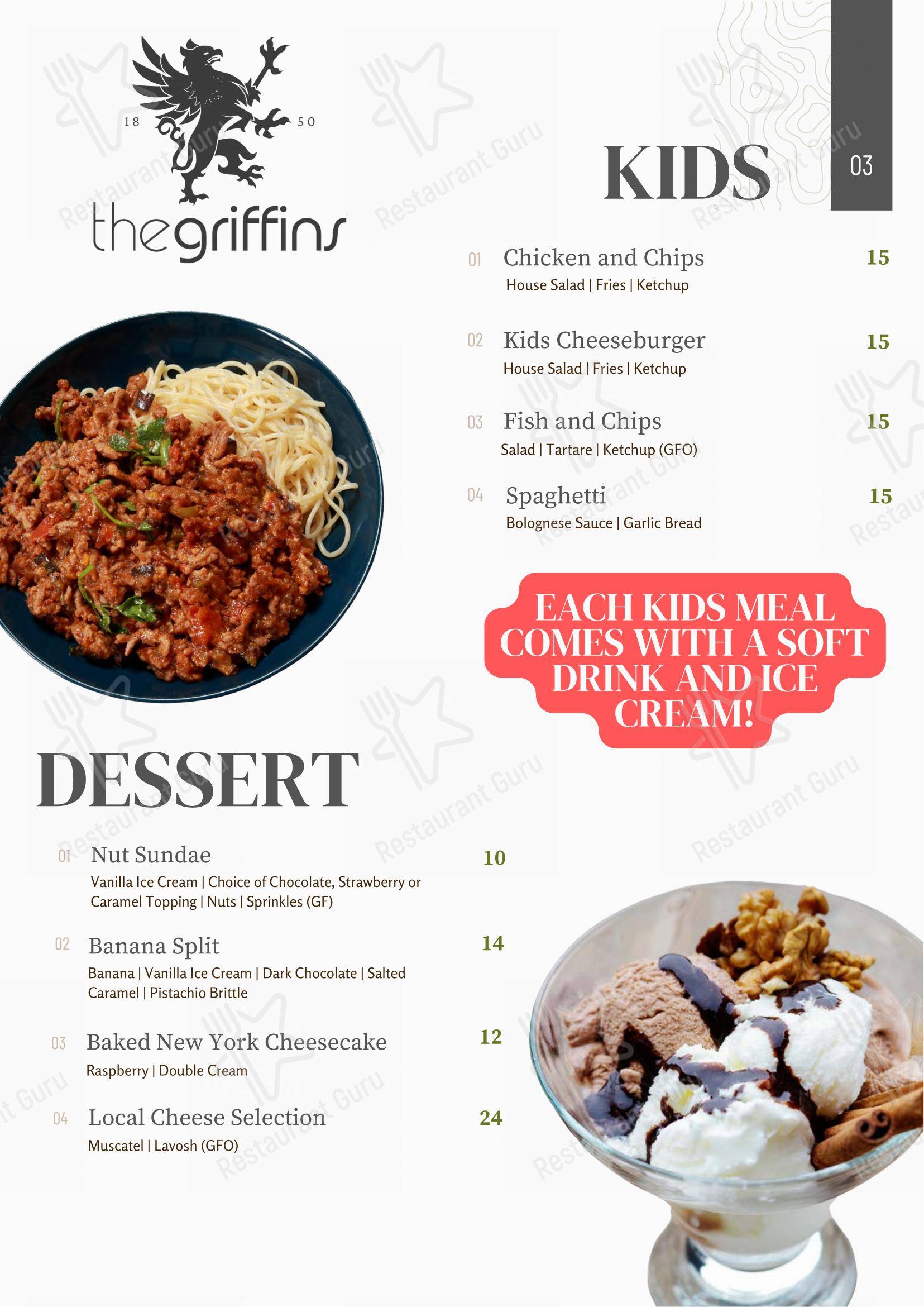 Menu at The Griffins Hotel pub & bar, Adelaide, 38 Hindmarsh Square