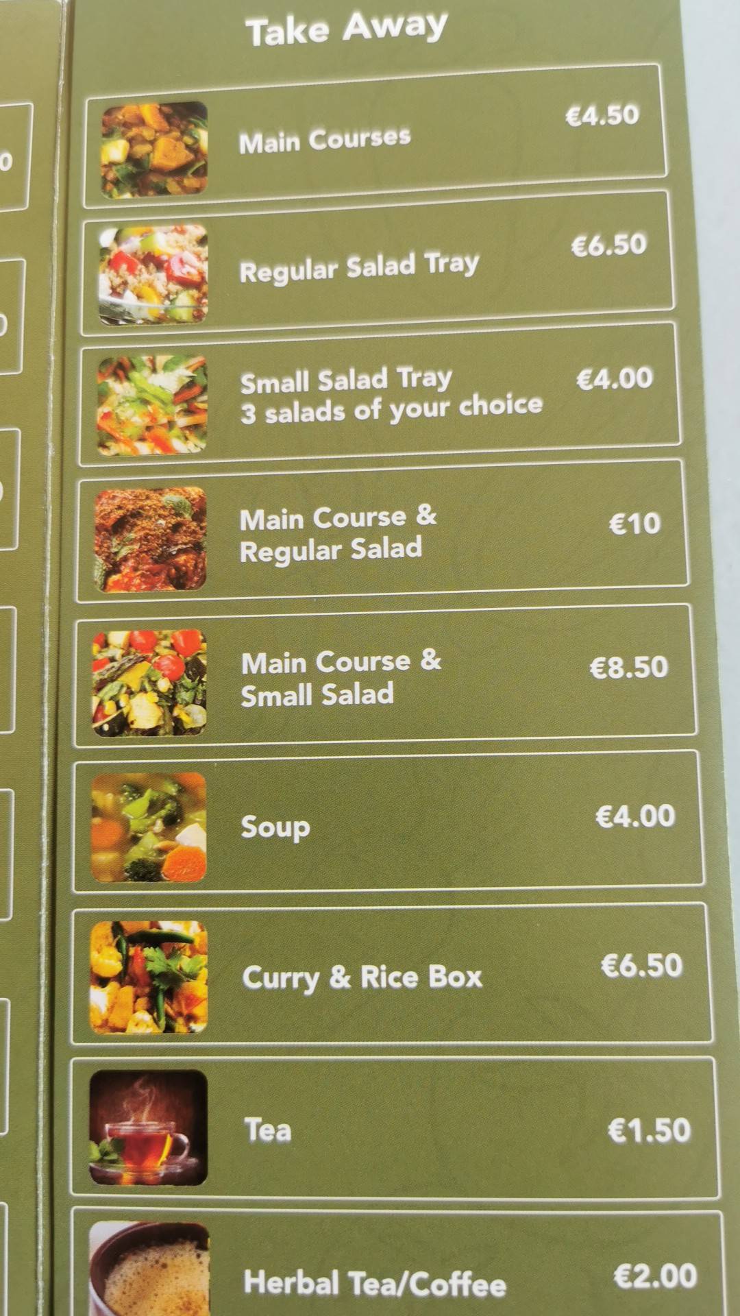 Menu at The Grove cafe, Limerick