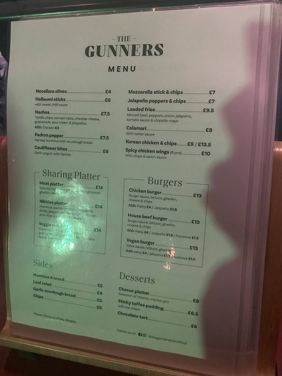 Menu at The Gunners Pub, London