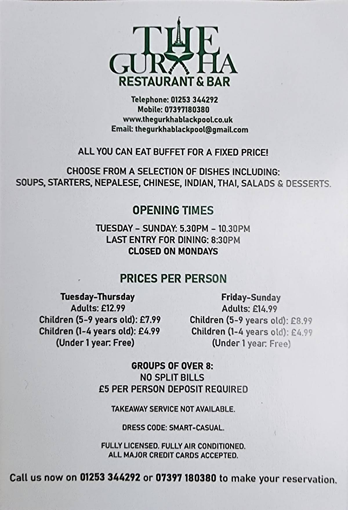 Menu at The Gurkha - Buffet Restaurant, Hotel & Bar, Blackpool, 148-154 ...