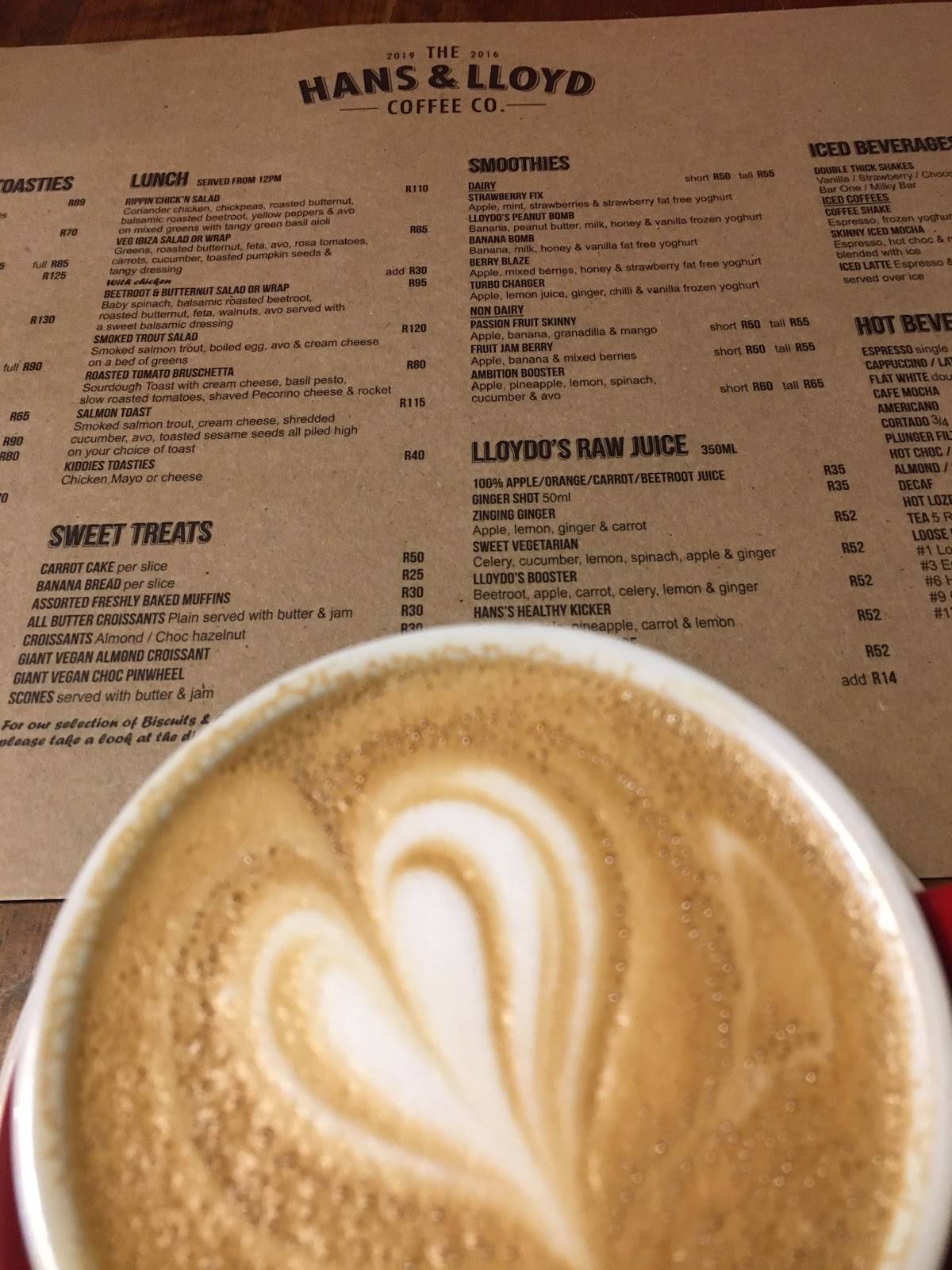 Menu at The Hans & Lloyd Coffee Co Newlands restaurant, Cape Town