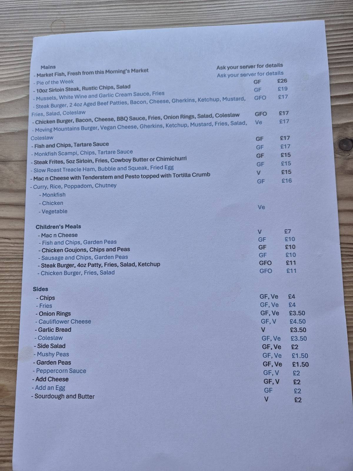 Menu at The Harbour Moon pub & bar, Looe