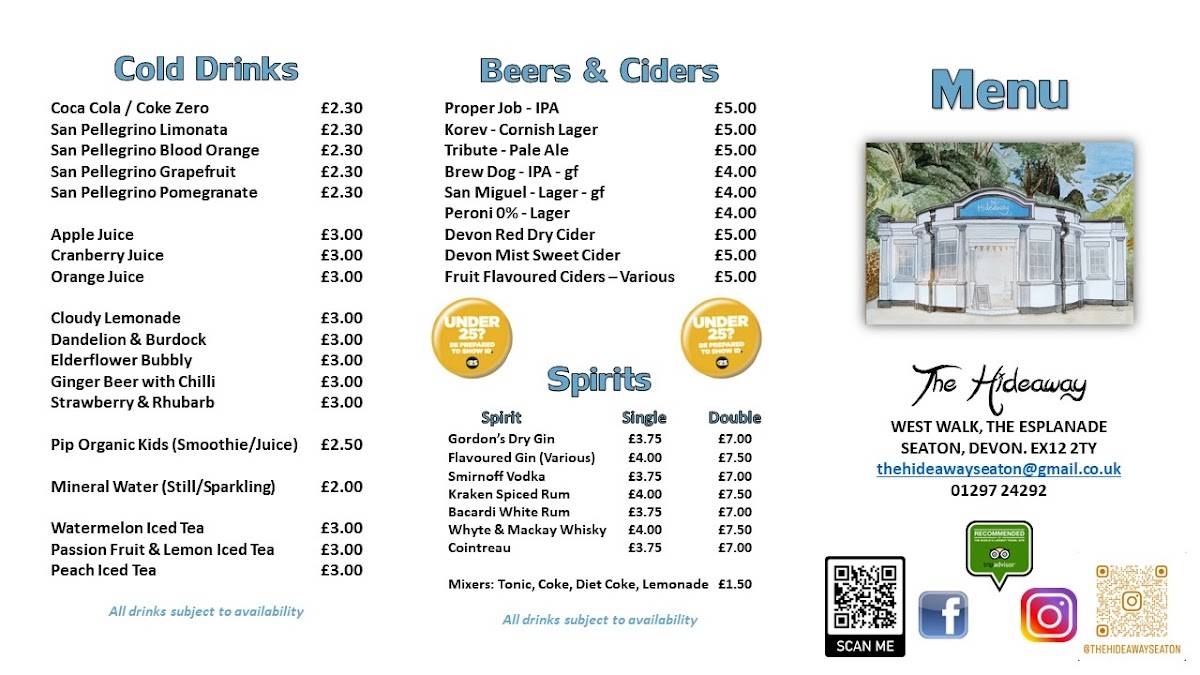 Menu at The Hideaway cafe, Seaton
