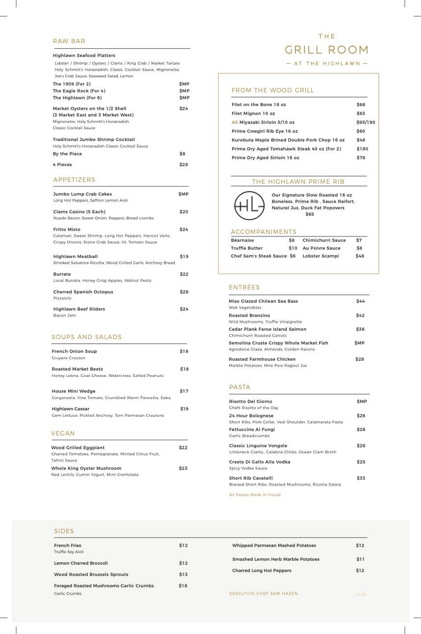 Menu at The Highlawn restaurant, West Orange