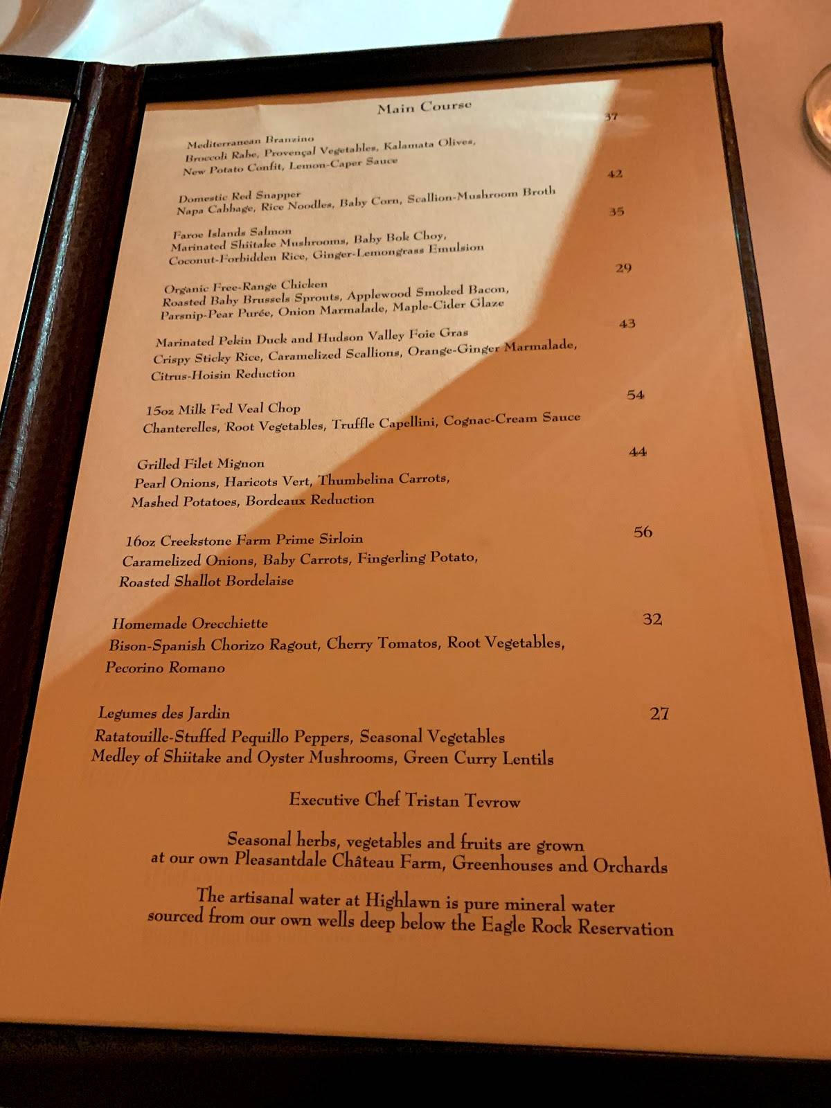 Menu at The Highlawn restaurant, West Orange