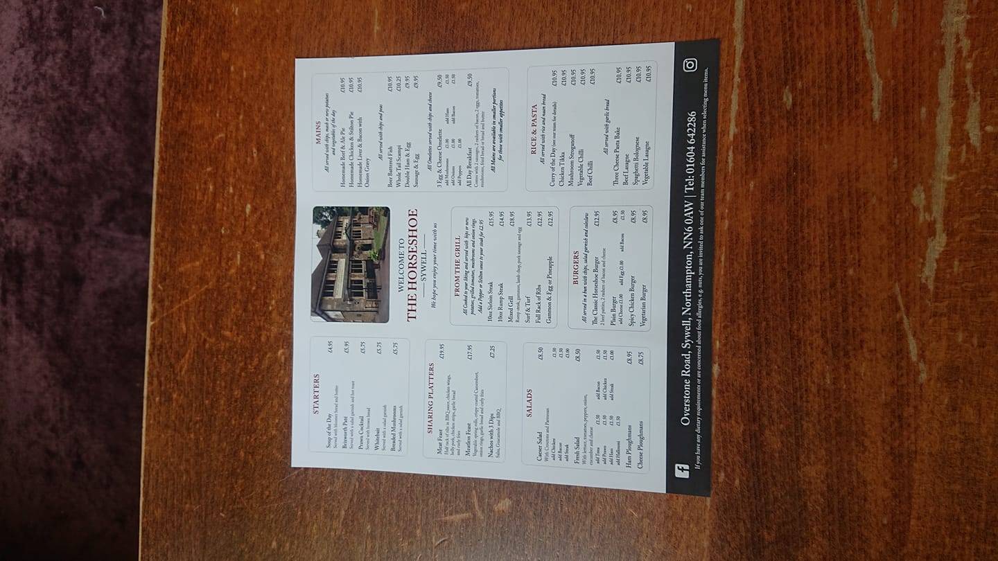 Menu at The Horseshoe Sywell pub & bar, Northampton, 2 Overstone Rd