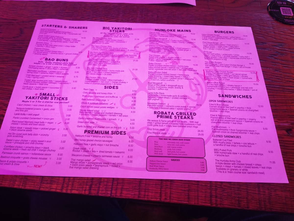Menu at The Hunloke Arms restaurant, Chesterfield, Derby Rd