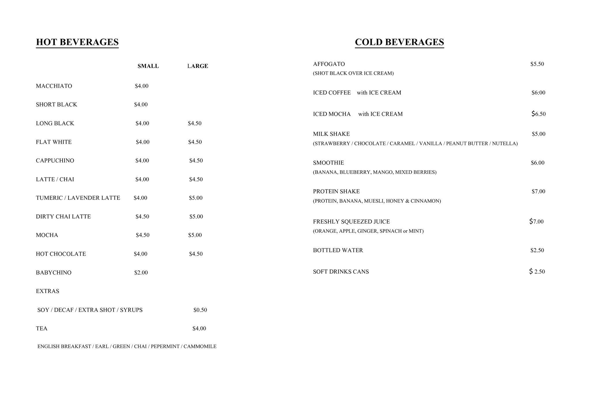 Menu at The Husk Cafe, Miranda