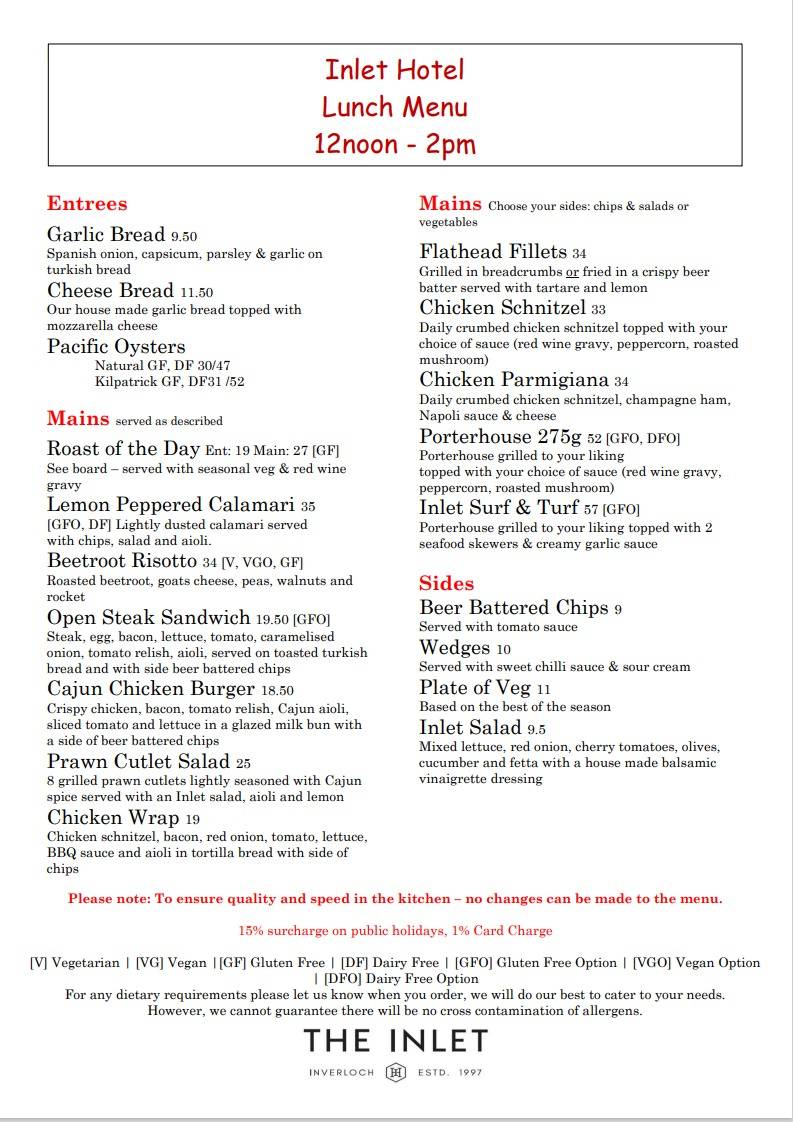Menu at The Inlet Hotel restaurant, Inverloch