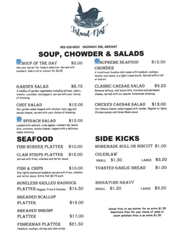 Menu at The Island Nest restaurant, Arichat, NS-206