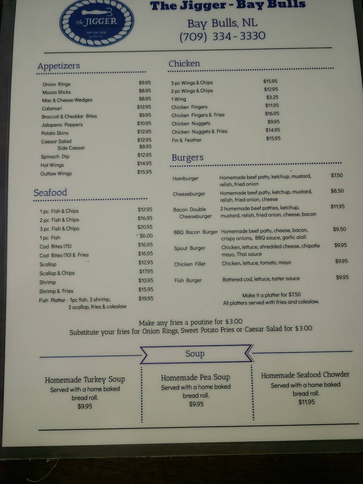 Menu at The Jigger restaurant, Bay Bulls