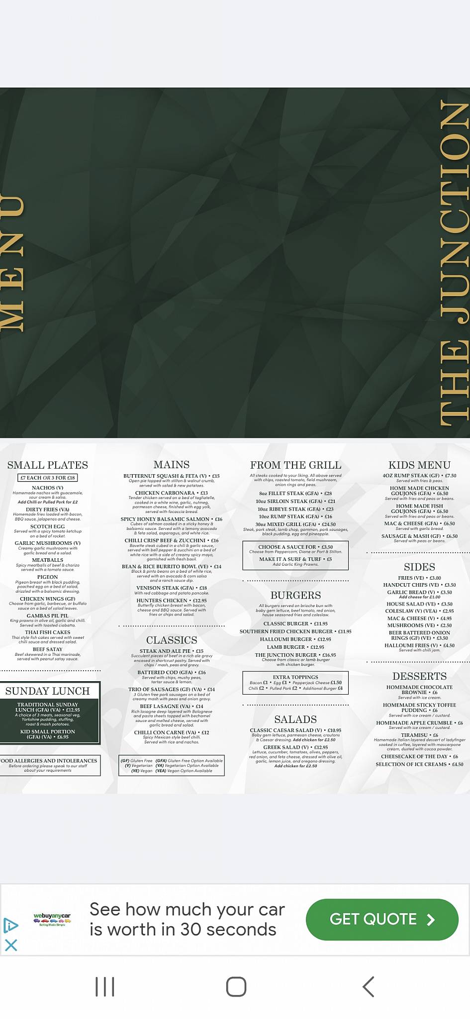 Menu at The Junction, Wombwell pub & bar, Barnsley