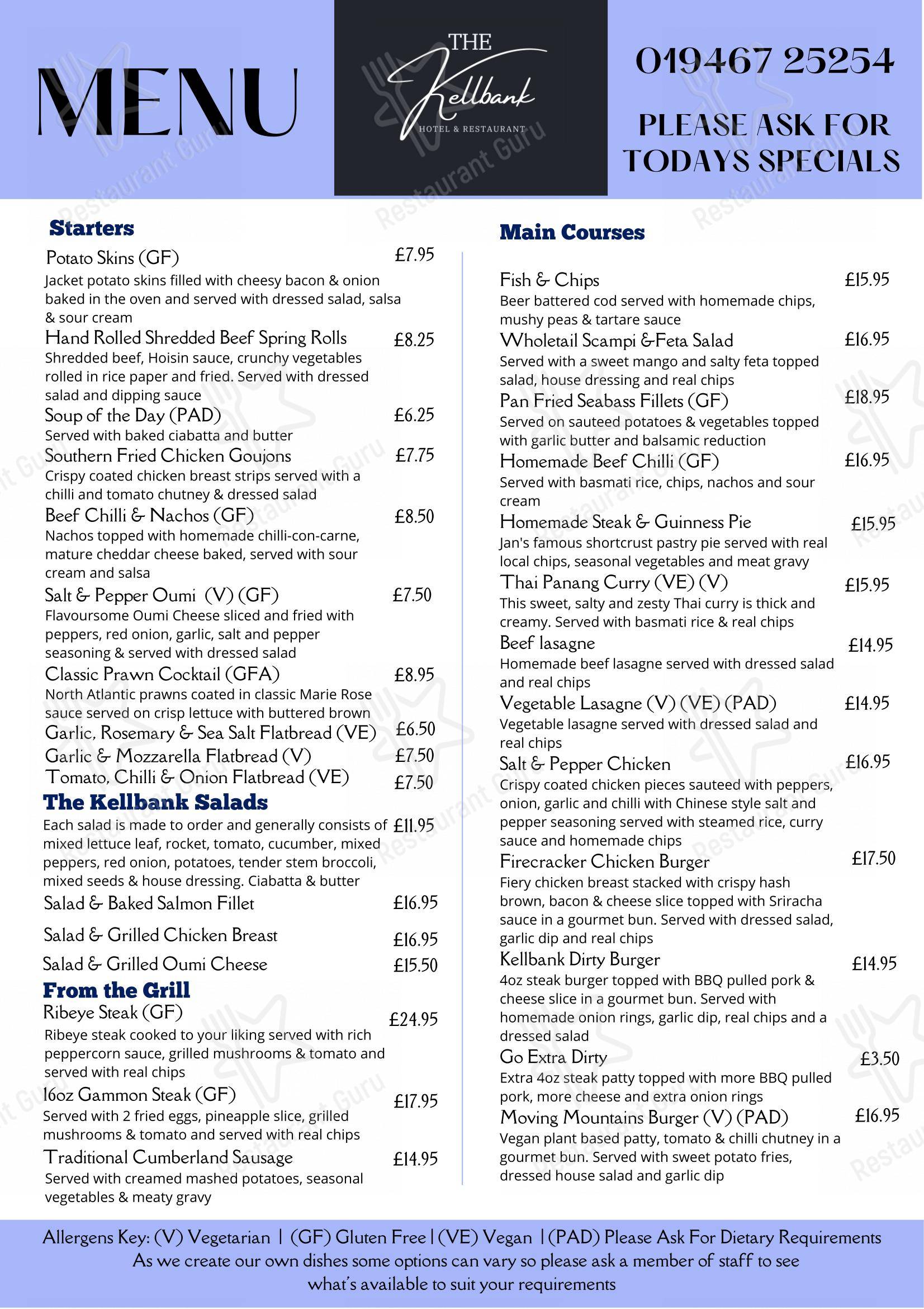 Menu at The Kellbank pub & bar, Gosforth, Whitecroft