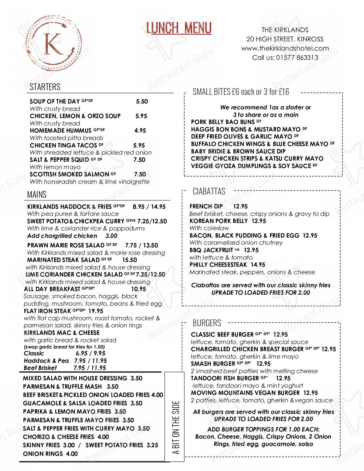 Menu at The Kirklands Hotel restaurant, Kinross