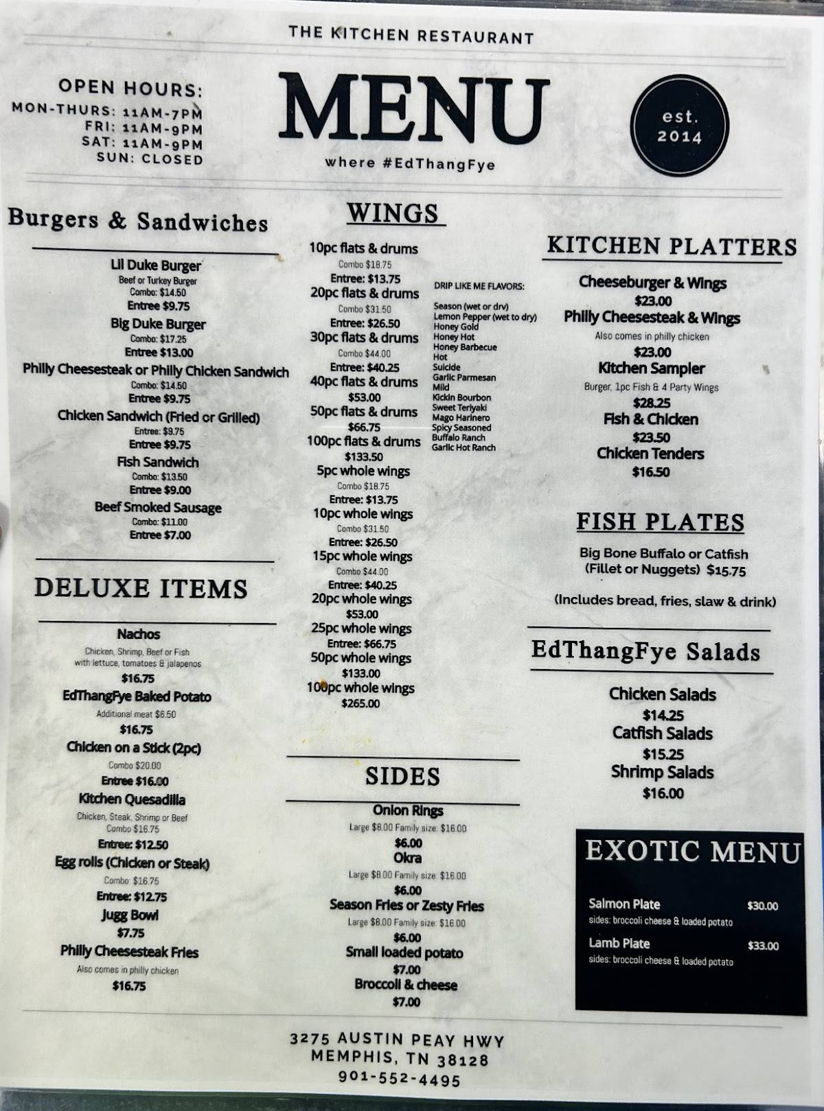 Menu at The Kitchen Restaurant on Jackson, Memphis, Jackson Ave